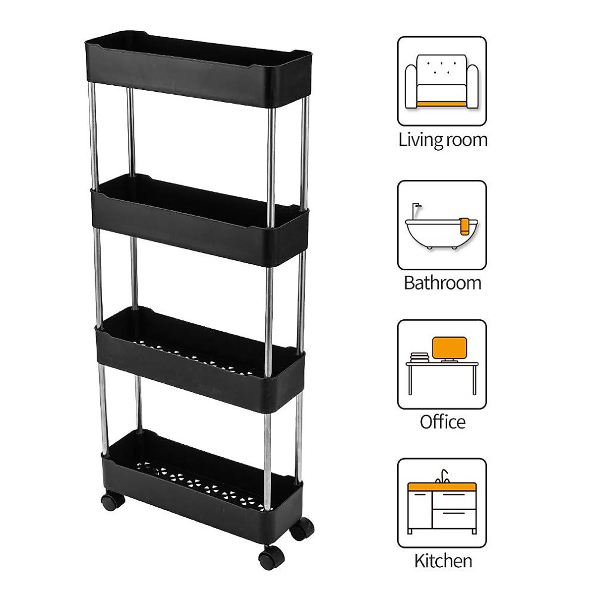Generic Slim Rolling Storage Cart for Laundry Room Organization, 4 Tier Assemble Mobile Shelving Unit with Wheels Rolling Utility Cart Storage Rack for Kitchen