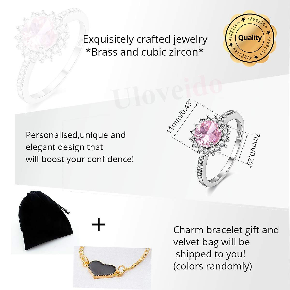 Uloveido Round Pink CZ Zircon Platinum Plated Engagement Wedding Band Ring for Women Fashion Jewelry (Size 6) Y3522