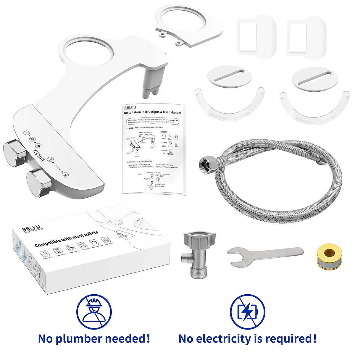 BBLFU Ultra-Slim Bidet Attachment for Toilet,Non-Electric Fresh Water Sprayer Bidet,Self-Cleaning Dual Nozzle (Frontal & Rear Wash) Bidet for Existing Toilet Seat,Adjustable Water Pressure,White