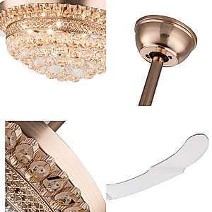 Gdrasuya10 42 Inch Crystal Ceiling Fan with Remote Control, Retractable Invisible Blades, LED Dimmable Chandelier 3 Speed 3 Color Pendant for Bedroom Living Room