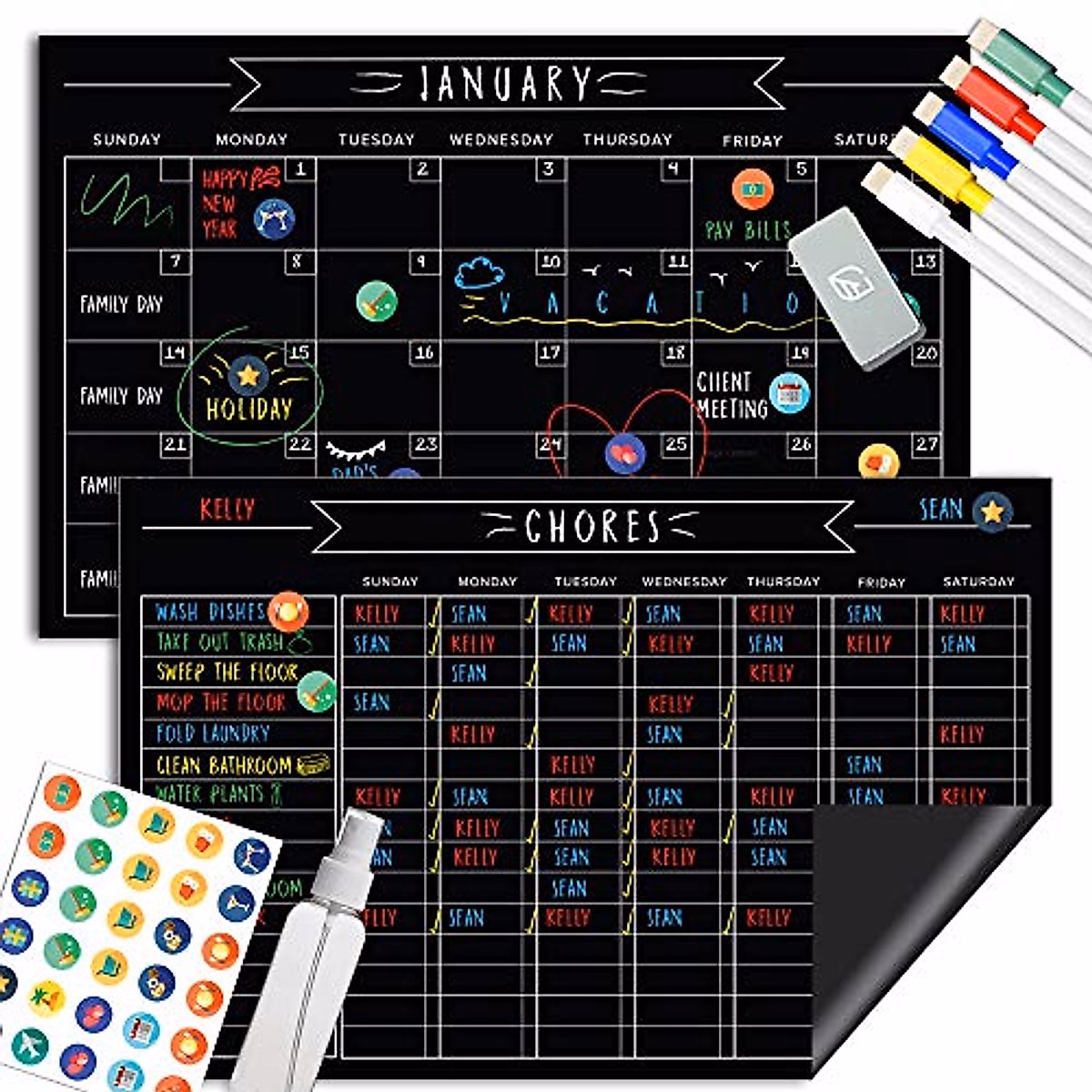 Magnetic Chore Chart Chalkboard & Reusable Dry Erase Calendar Set – Organizational Reward Planner - Family Planning Board - Kids Responsibility Reward Cleaning Chart – 11” x 17” (Lushleaf Designs)