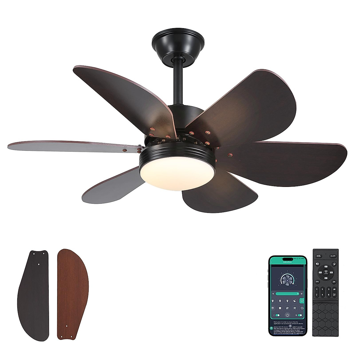MADSHNE Ceiling Fans with Lights and Remote,36" Black Outdoor Ceiling Fans with 6 Reversible Wood Blades,Small Modern Ceiling Fans for Patio Kitchen Bedroom