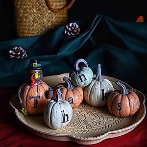 MorTime Thanksgiving Decorations Hand-Painted Turkey Pumpkin with Engraved Thanks, Set of 6 Tabletop Fall Autumn Decor for Living Room Bedroom Kitchen Thanksgiving Harvest Day