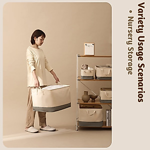 CANFOD Storage Baskets for Shelves 2 Pack, Fabric Storage Baskets with Handles, Foldable Storage Bins for Clothes, Laundry, Comforter (Beige&grey 2xM for 8 T-shirts storage)