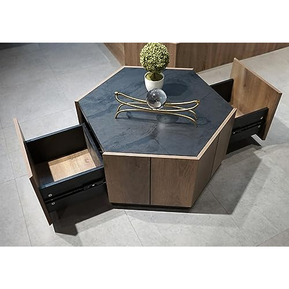 LKTART Hexagonal Rural Style Garden Retro Wood Coffee Table Cocktail Table with 2 Drawers Reception and Living Room Textured Grey Warm Oak