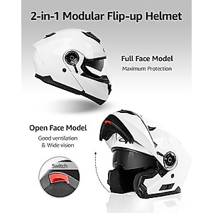 YEMA Modular Motorcycle Helmets, DOT Approved Full Face Motorcycle Helmet with Flip Up Dual Visor, Helmets for Adults Motorcycle Men Women Helmets for Street Scooter ATV E-bike - YM-926 White