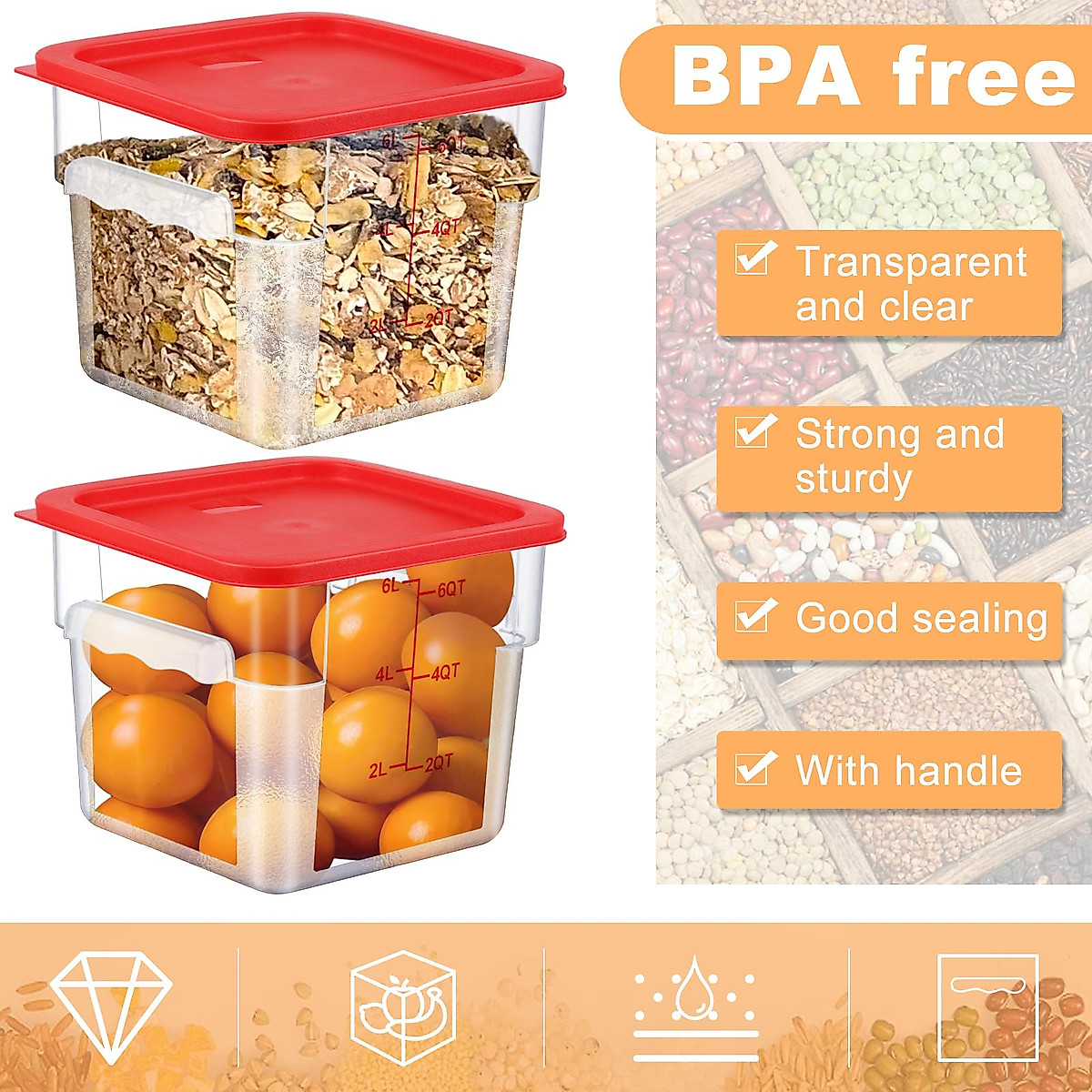 Ziliny 3 Sets 6 Qt Square Food Storage Containers with Lids Commercial Polycarbonate Containers with Scale Clear Airtight Cereal for Pantry Home Restaurant