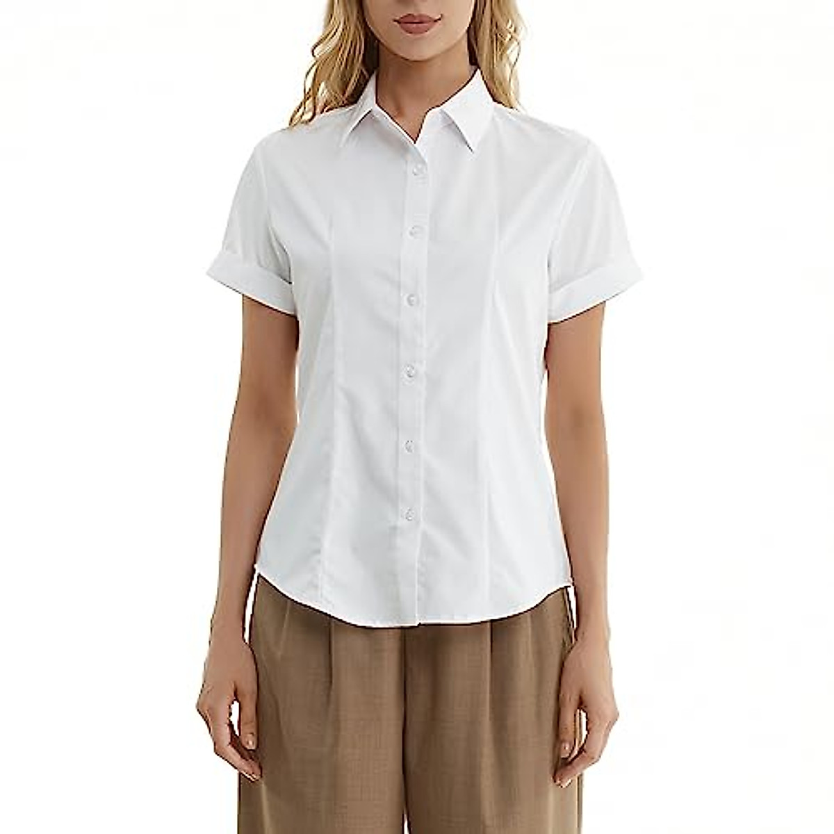 MKolour Womens White Short Sleeve Button Down Shirts - Work Blouses for Office, Casual Collared Work Shirts for Women