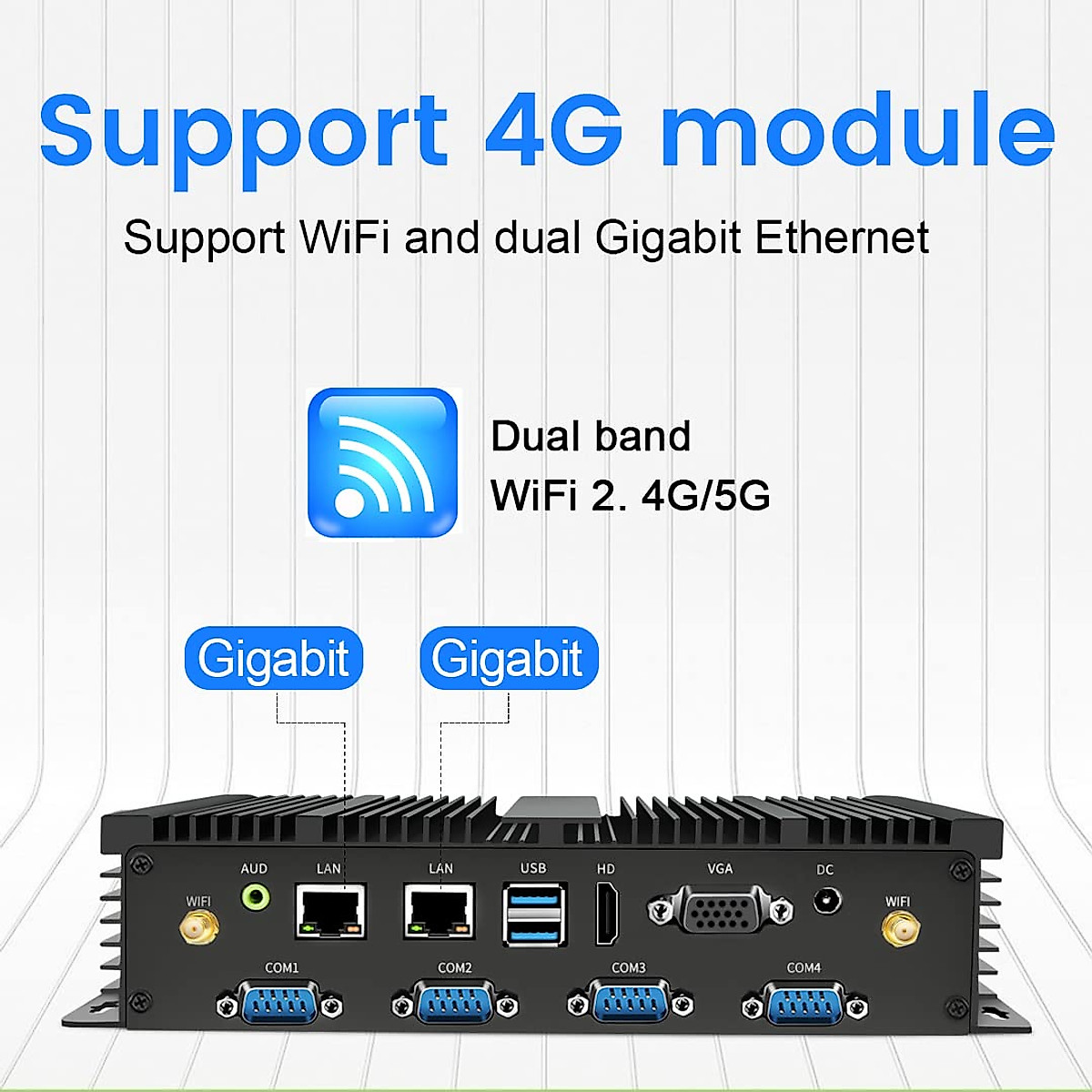 Kinupute Industrial Mini PC, Fanless Desktop Computer Core i7-5500U 2.4-3.0GHz, Windows 10 Pro, 16G RAM, 512G SSD, 2xNICs, 6xCOM RS232, 4xUSB 3.0, HDMI/VGA Ports, Auto Power On, Full Metal Case