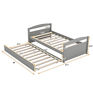 Rhomtree Twin Size Daybed with Trundle, Bed with Headboard, Wood Bed Frame, Platform Bed with Solid Construction, No Box Spring Needed(Gray, Twin)