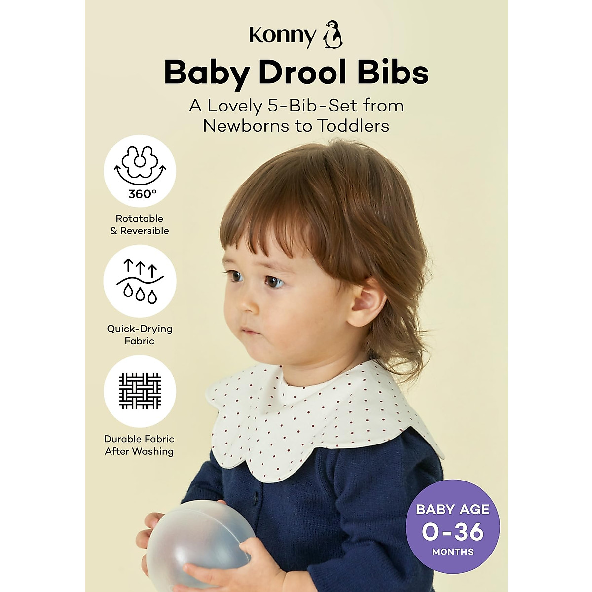 Konny Baby Bibs 5-Pack, 360 ​​° Rotate, New Year Gifts, Soft and Absorbent Bandana Drooling for Boys Girls baby Essentials(Set 4 - Mint, Pink, Beige, Wine Dot, Creamy Gingham)