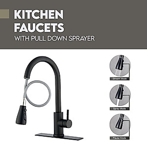 SOFTINOX Kitchen Faucet with Multi-Functional Pull Down Sprayer - High Arc Single Handle Kitchen Sink Faucet with Deck Plate - Commercial Modern Brushed Stainless Steel Kitchen Faucets - Black