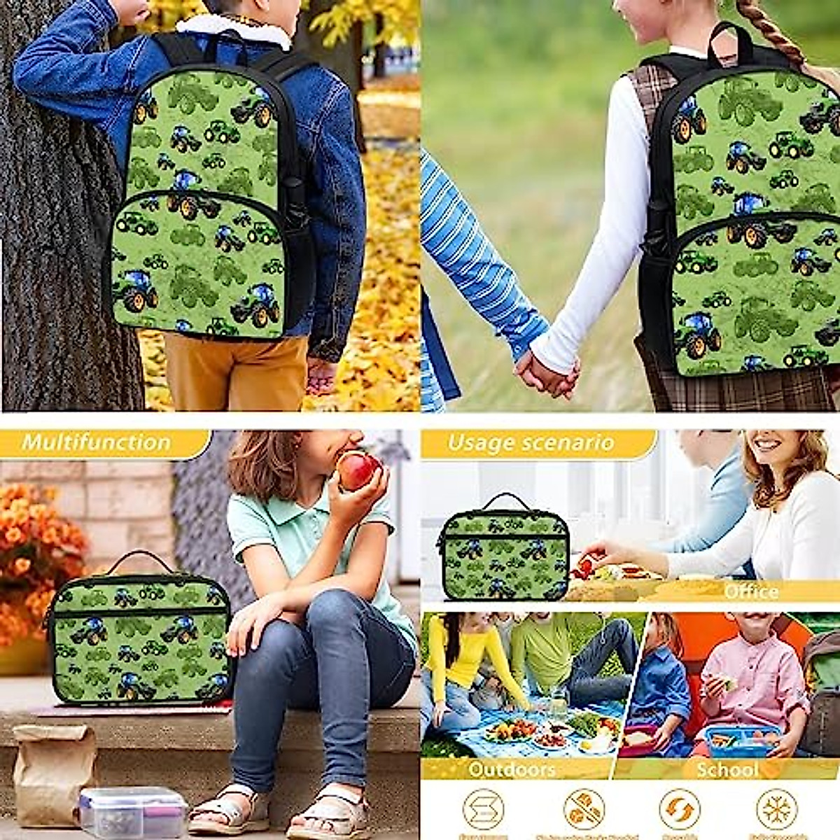 Drydeepin Cartoon Farm Tractor Kids Backpack with Lunch Box for Boys Lightweight School Bag Set 2 In 1 Backpack and Lunch Bag Middle School Primary School Student Bookbag Casual Daypack