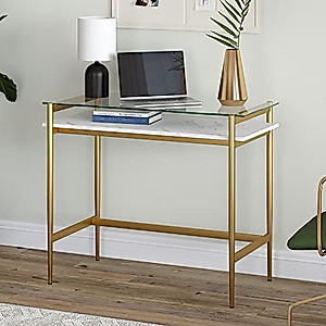 Eaton Rectangular 36'' Wide Desk with Faux Marble Shelf in Brass/Faux Marble
