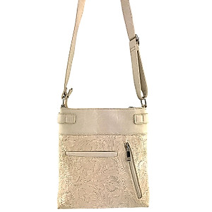 Justin West Tooled Rhinestone Skull Crossbody Messenger Bag Handbag Purse with Concealed Carry and Phone Slot (Beige)
