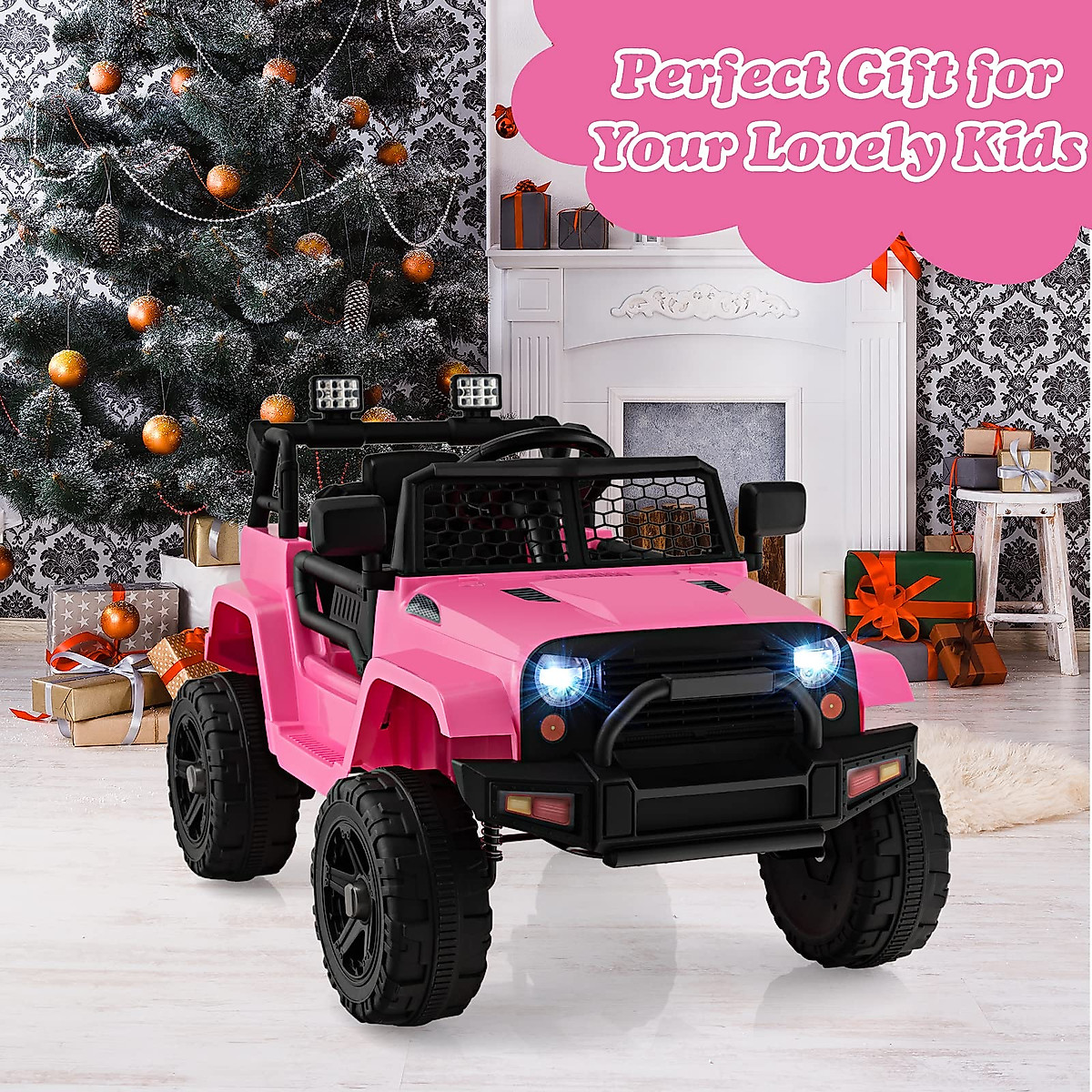 GLACER 12V Kids Ride On Car, Electric Vehicle Jeep w/Parental Remote, Music, Horn, Headlights, Slow Start Function, Spring Suspension, Vehicle Toy Car for Boys & Girls Over 3 Years Old (Pink)