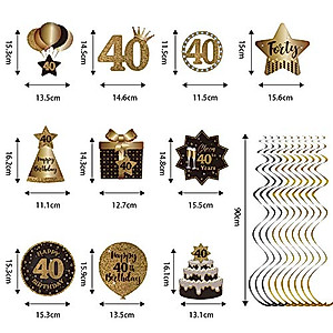 Happy 40th Birthday Party Hanging Swirls Streams Ceiling Decorations, Celebration 40 Foil Hanging Swirls with Cutouts for 40 Years Old Black and Gold Birthday Party Decorations Supplies