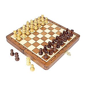 House of Chess - 8 Inch Wooden Magnetic Folding Travel Chess Set - Board with Algebraic Notation + 2 Extra Pawns & 2 Extra Queens- Handmade - Premium Quality