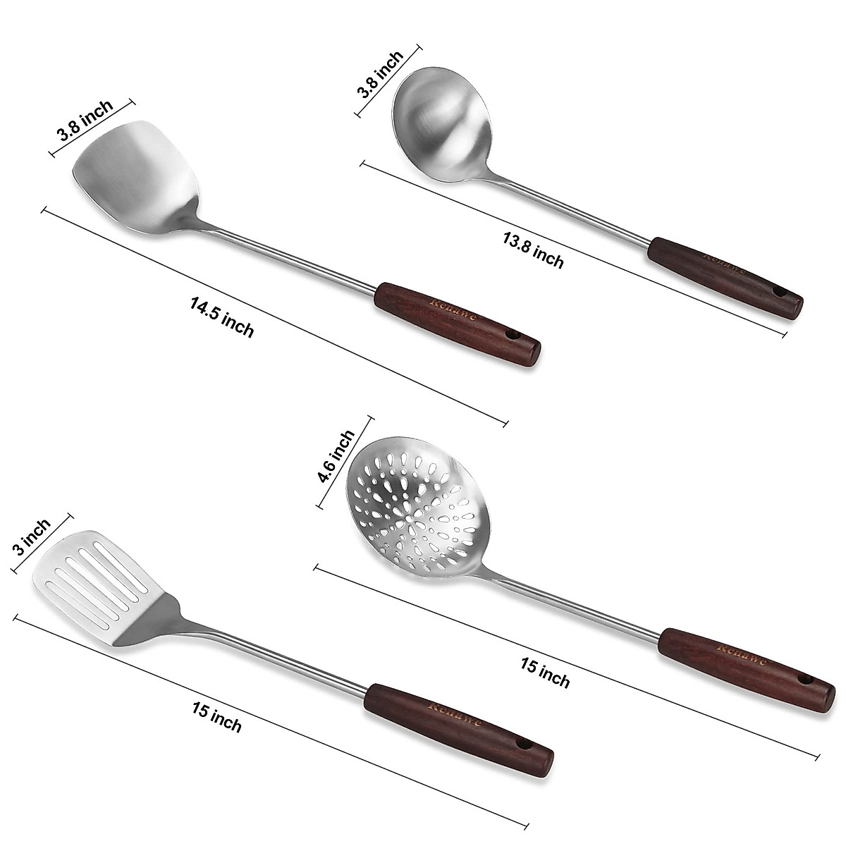 15 inch Large Spatula Slotted Turner Soup Ladle 304 Stainless Steel Wok Spatula Set Slotted Spoon for Cooking Utensils Set Long Wooden Handle Ladles Kitchen Metal Spatula Cooking Spoons