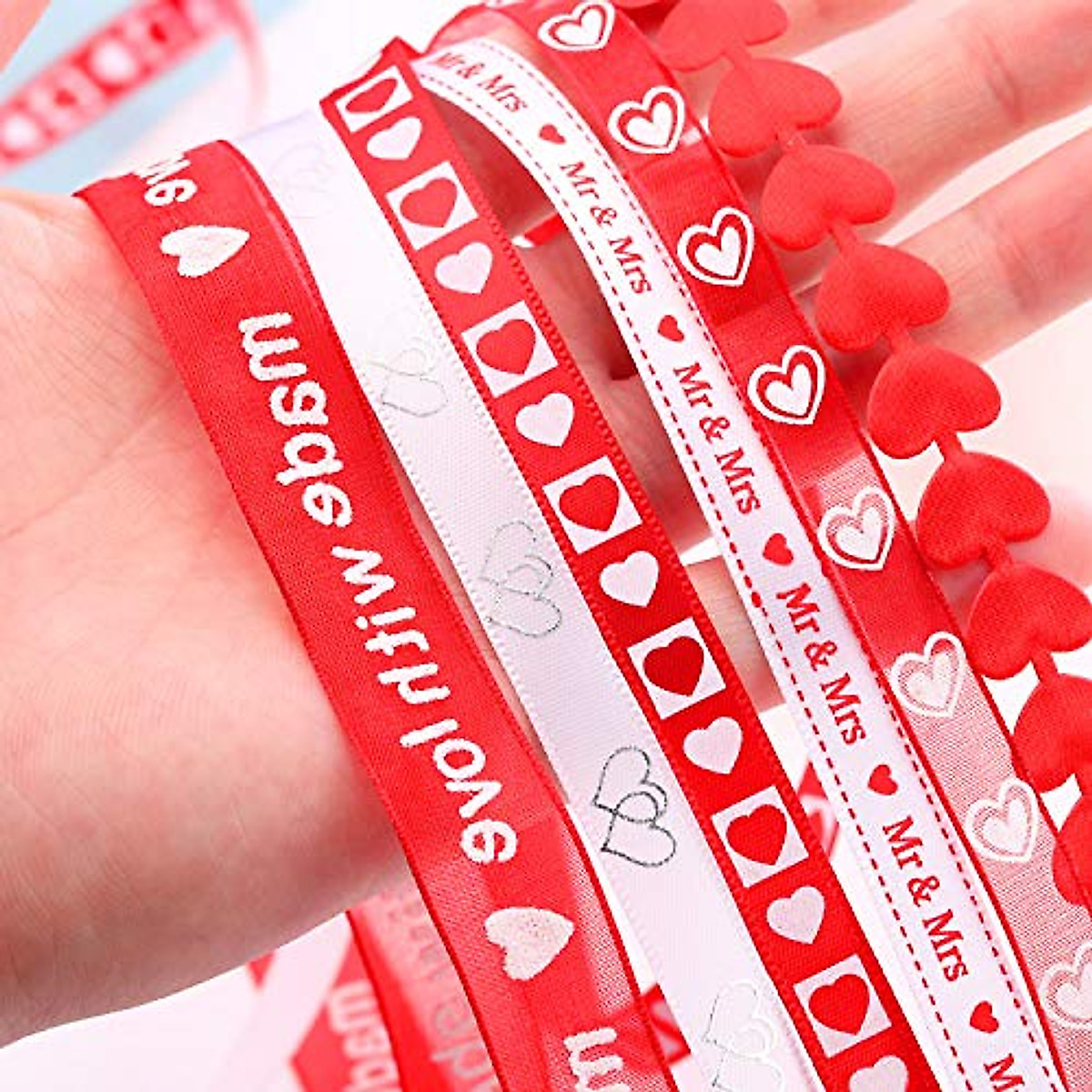 Zhanmai 6 Pieces Valentine's Day Ribbons Printed Heart Wired Ribbons Craft Satin Ribbons for Gift Wrapping DIY Supplies