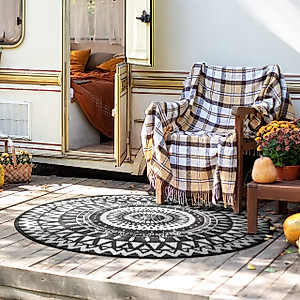 NUU GARDEN Round Outdoor Rug for Patios Plaid Reversible Patio Rug, Plastic Straw Indoor and Outdoor Round Rug for Outdoors, RV, Backyard, Deck, Picnic, Beach, Trailer, Camping, 5 * 5 ft