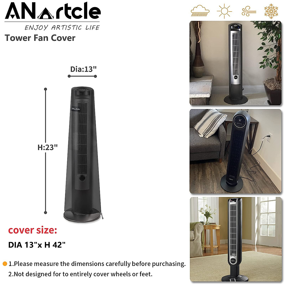 ANartcle Tower Fan Cover,Waterproof & Dustproof Cover for Portable Electric 40-42" Tower Fans,Outdoor or Indoor Standing Tower Fan Storage Cover,13" D x 13" W x 42" H,Black
