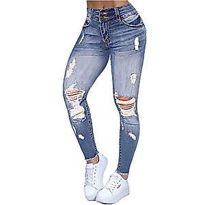 Flamingals Skinny Jeans for Women Mid Rise Stretchy Ripped Jeggings Distressed Sexy Curvy Trendy Denim Jeans Blue M
