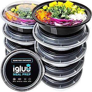 Igluu Meal Prep Round Plastic Containers - New Improved Lid - Reusable BPA Free Food Containers with Airtight Lids - Microwavable, Freezer and Dishwasher Safe - Stackable Salad Bowls - [10 Pack, 28oz]