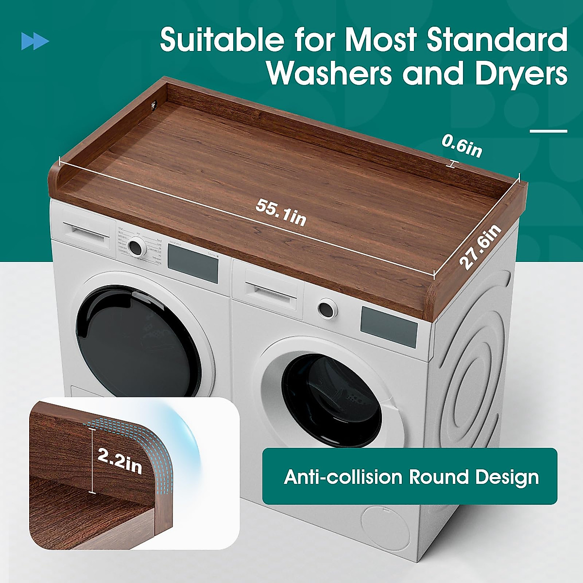 Washer Dryer Countertop, 27.5" Depth x 54" Width, Washer Dryer Wood Top for Laundry Room Organization, Particle Board Countertop with Edge Rails (Oak)