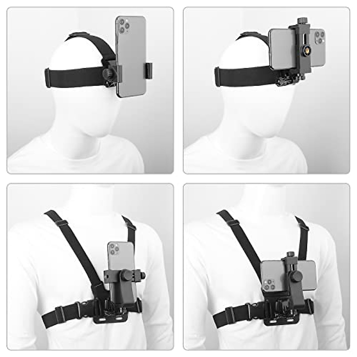 ChromLives Phone Strap Mount Set, Phone Chest Strap Mount+Phone Head Mount +Phone Neck Holder,3 in 1 Hands Free Phone Holder for Neck Head Chest Compatible with iPhone,Gopro Hero and More