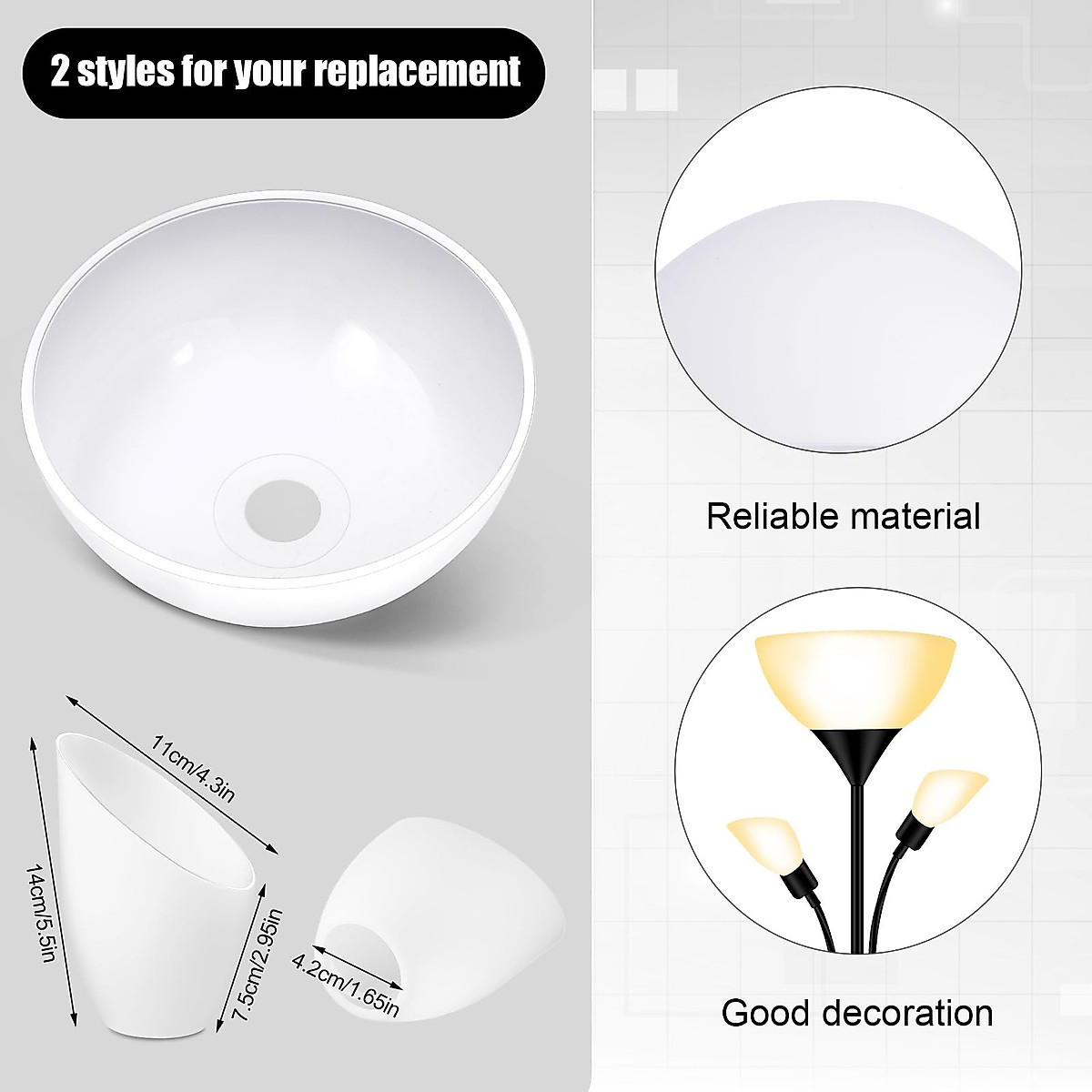 Hortsun Replacement Lamp Shade 4 Pcs White Replacement Plastic Lampshade 2 Pack 1.65" Fitter 10" Diameter Bowl Shape 2 Pack 1.97" Bottom Size Horseshoe Shape for LED Torchiere Floor Lamps Upright