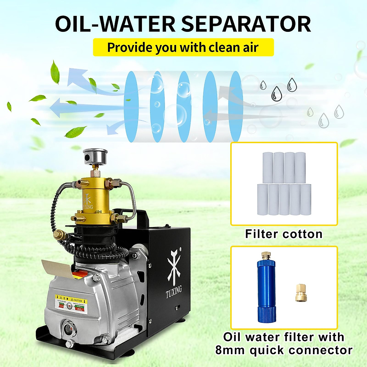 TUXING Pcp Air Compressor,4500Psi/30Mpa/300Bar Scuba Compressor, Manually Shutoff Electric Compressor with Water/Fan Dual Cooling System for Pcp Air Rifle, Scuba Tank Charging