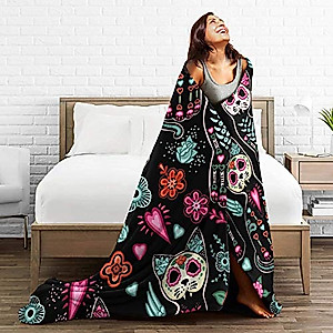 Ouqiuwa Day of The Dead Cat Kitten Sugar Skull Throw Blanket Plush Microfiber Flannel Fleece Blanket 60"X50" for Bed Sofa Couch Camping Travel