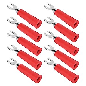 Jopwkuin U Type Banana Plug Adapter, 10 Pcs 4mm Banana Jack Female to Fork Spades Cable, Plating 30V?60V Fork Spade Wire Connectors Copper PVC for Multimeter(red)