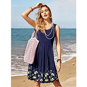 KILIG Womens Summer Dresses 2025 Casual Pleated Floral A-line Tank Sundress Beach Vacation Cruise Outfits(Navy,XL)