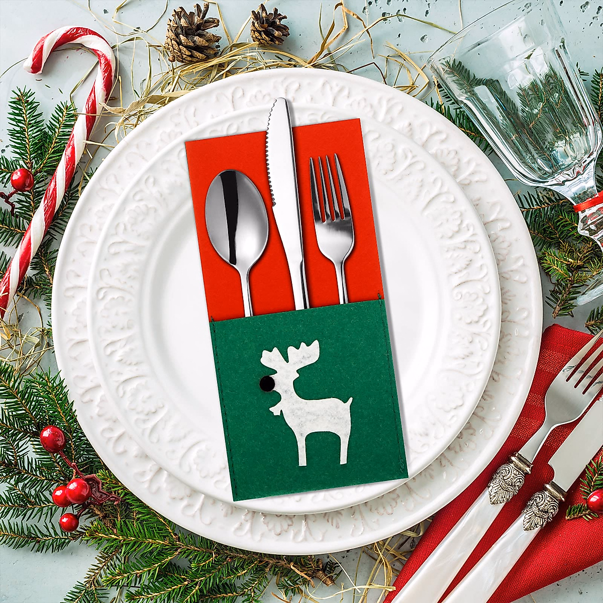 10 Pieces Christmas Silverware Holder Pocket Tableware Cutlery Organizers Felt Xmas Tree Snowman Reindeer Snowflake Stocking Knife Fork Flatware Bags Christmas Party Dinner Table Supplies