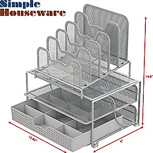 Simple Houseware Mesh Desk Organizer with Sliding Drawer, Double Tray and 5 Stacking Sorter Sections, Silver