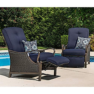 Hanover Ventura Modern Outdoor Wicker Reclining Lounge Chair with Thick Foam Weather-Resistant Navy Blue Cushions and Rust-Resistant Steel Frames, Luxury Furniture for Patio and Backyard