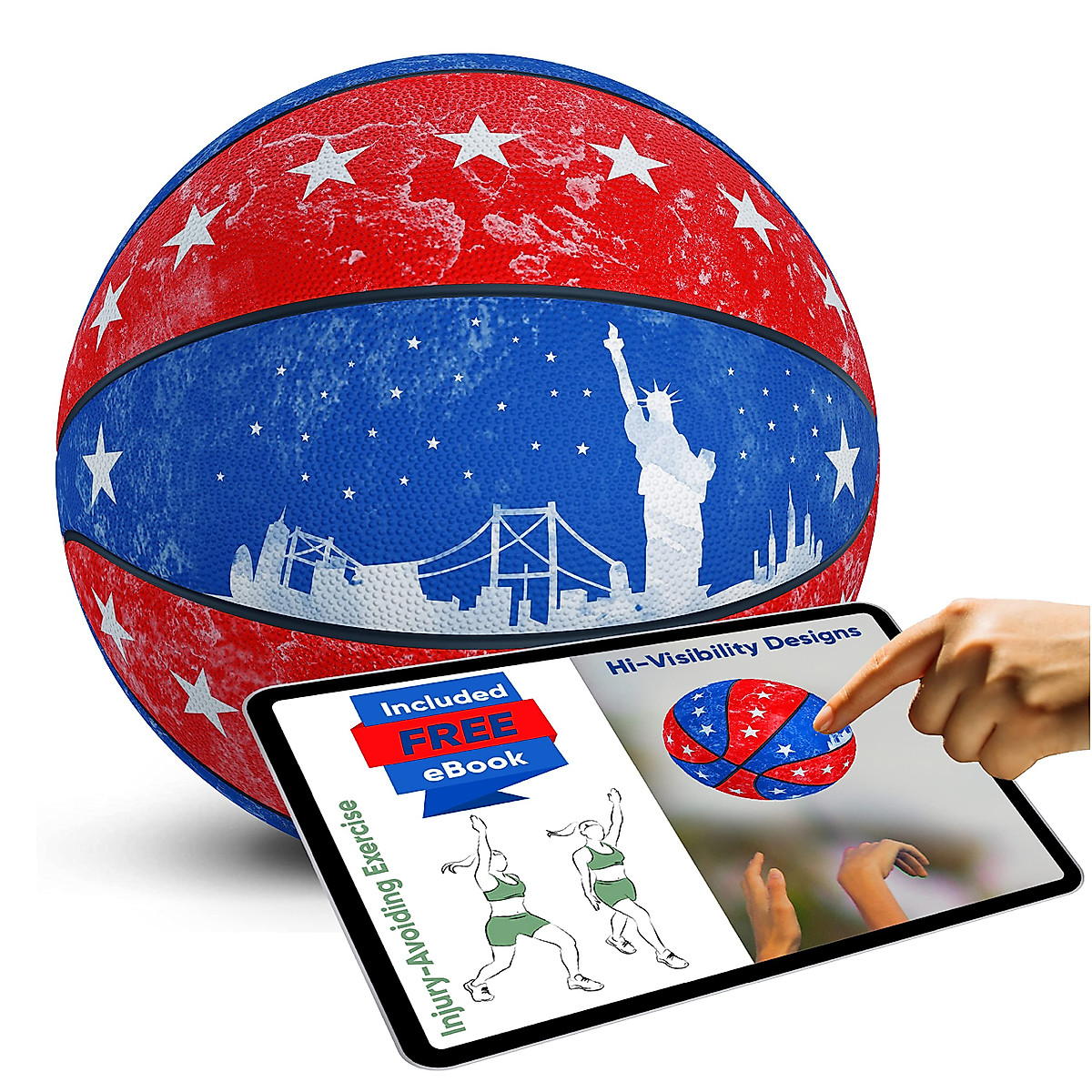 Millenti Basketball American Flag Stars and Stripes High-Visibility, Easy-to-Track Designs, Patriotic USA Basketball Red, White & Blue - Size 7, BB0407RWB