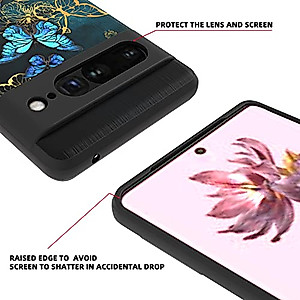 NKase for Google Pixel 7 Pro Case 2022, Google Pixel 7 Pro Case Full Body Matte Soft TPU Flexible Non Slip Bumper Shockproof Protective Pixel 7 Pro Phone Case, Gold/Blue Butterfly