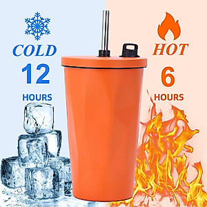 FRAGSCEN Insulated Tumbler with Lid and Straw, 20 OZ Stainless Steel Tumbler with Screw Lid, Iced Coffee Cup, Double Wall Vacuum Tumblers, Leakproof Water Bottle Travel Mug, Orange