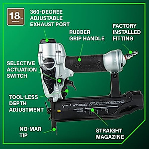 Metabo HPT Brad Nailer Kit | Pro Preferred Brand of Pneumatic Nailers | 18 Gauge | Accepts 5/8 to 2-Inch Brad Nails | Ideal for Trim Work, Furniture Building & Other Finish Applications | NT50AE2