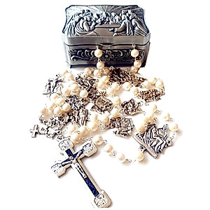 elegantmedical Stations of the Cross Prayer Rosary Real White Pearl Beads Necklace Catholic Gifts Box