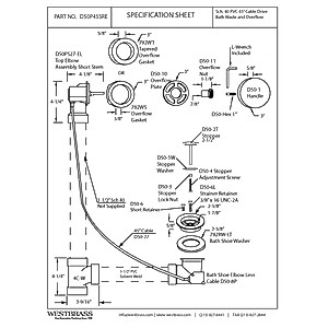 Westbrass D50P45SRE-05 45" Cable Drive Bathtub Drain Trim with Rotary Overflow Cover Knob, Pop-Up Stopper SCH. 40 PVC Fittings, Polished Nickel