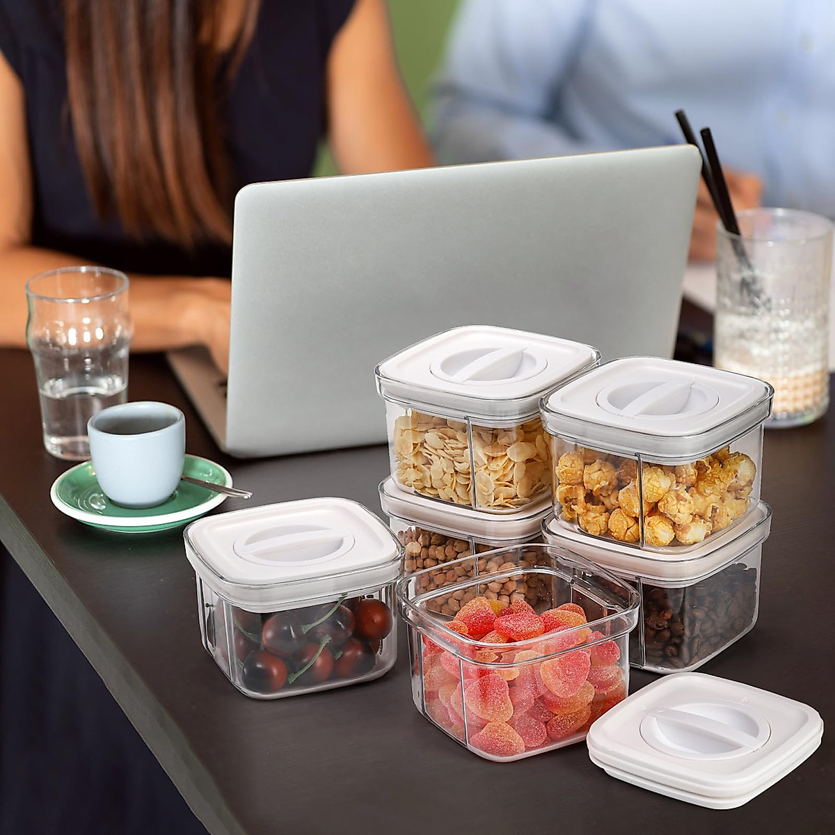 WRINGKIT 6 Pack Airtight Food Storage Containers, Plastic Snack Food Containers with Lids, 20 Oz Air Tight Cereal Container Set, Small Pantry Containers for Spices, Candy, Coffee