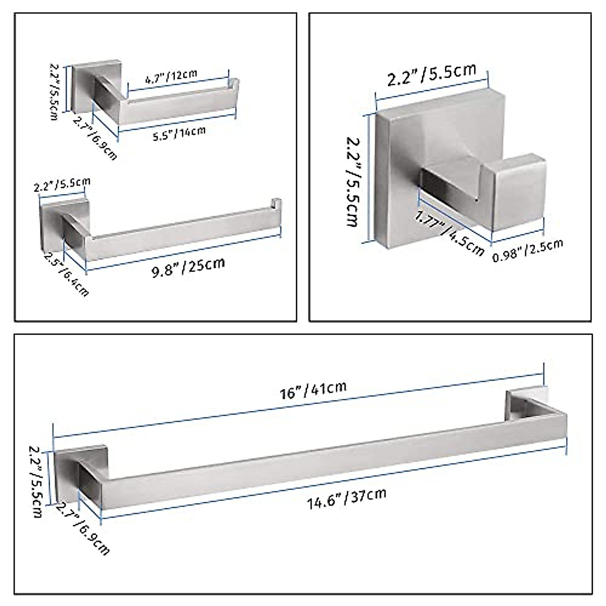 4-Piece Bathroom Hardware Set, Stainless Steel Wall Mounted Square Bathroom Accessories Kit, Include 16 Inch Hand Towel Bar, Toilet Paper Holder, Hand Towel Rack, Towel Hook(Brushed Nickel)