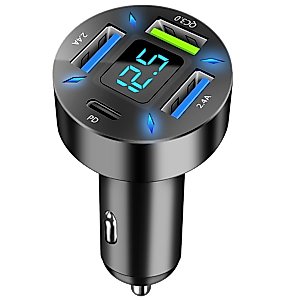 GemCoo 4 Port USB Car Charger Adapter 50W PD & QC3.0 USB 2.4A Cigarette Lighter USB Charger with LED Voltmeter Fast Charger Compatible with iPhone, Android, Samsung, iPad Pro
