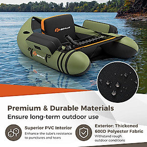 Goplus Inflatable Float Tube, Fishing Belly Boat w/Paddle, Flippers, Fish Ruler, Pump, Storage Bag, Adjustable Straps, 350LBS Load Capacity (Green, W/Rod Holder)