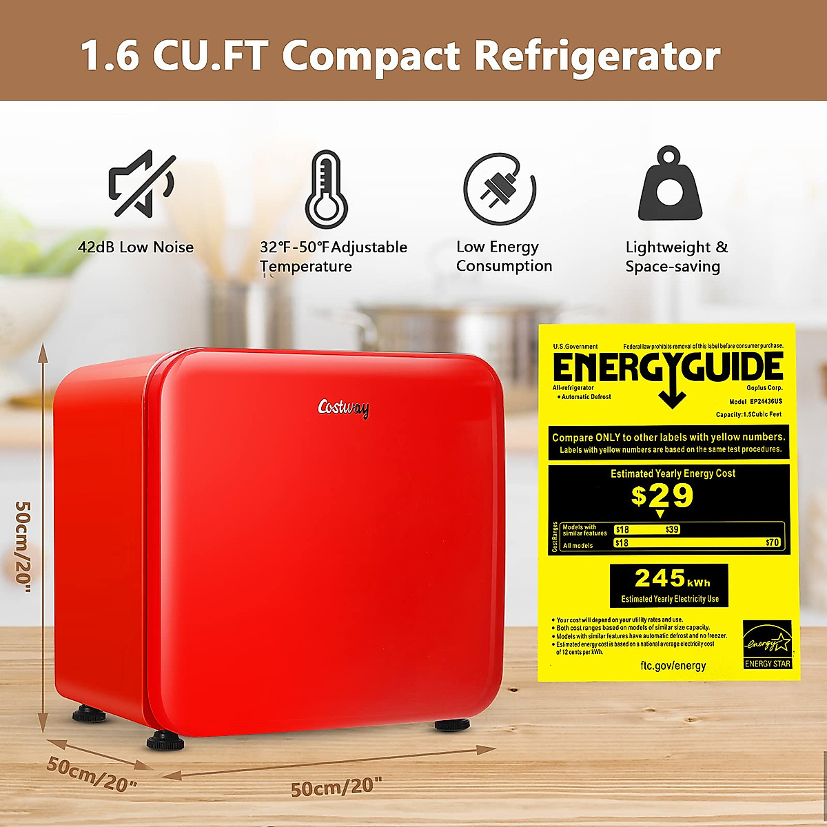 COSTWAY Compact Refrigerator, 1.6 cu ft. Single Door Small Fridge with Adjustable Temperature 32℉ to 50℉, Auto Defrost, Reversible Door, Removable Glass Shelves, Mini Fridge for Bedroom (Red)