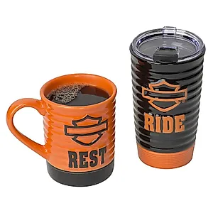 Harley-Davidson Ride & Rest Travel/Coffee Ceramic Mug Set, Black & Orange